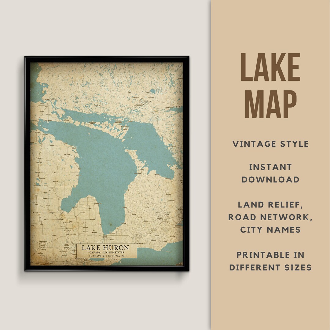Vintage Style Map of Lake Huron, Canada USA With City Names Instant ...