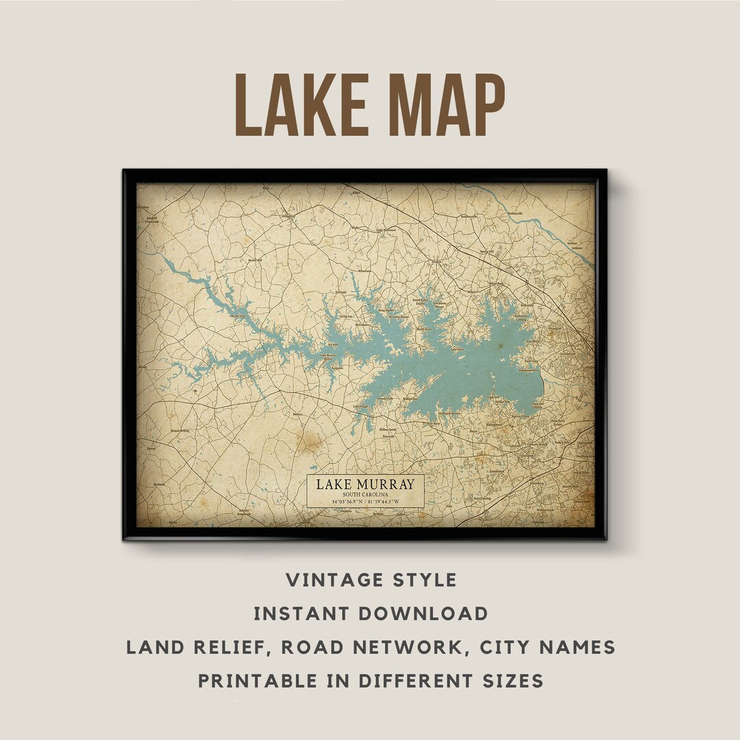 Vintage Style Map of Lake Murray, South Carolina, USA With City Names ...