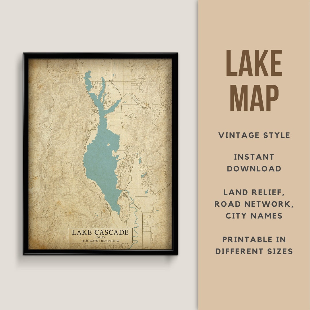 Vintage Style Map of Lake Cascade, Idaho, USA - Instant Download \ Lake ...