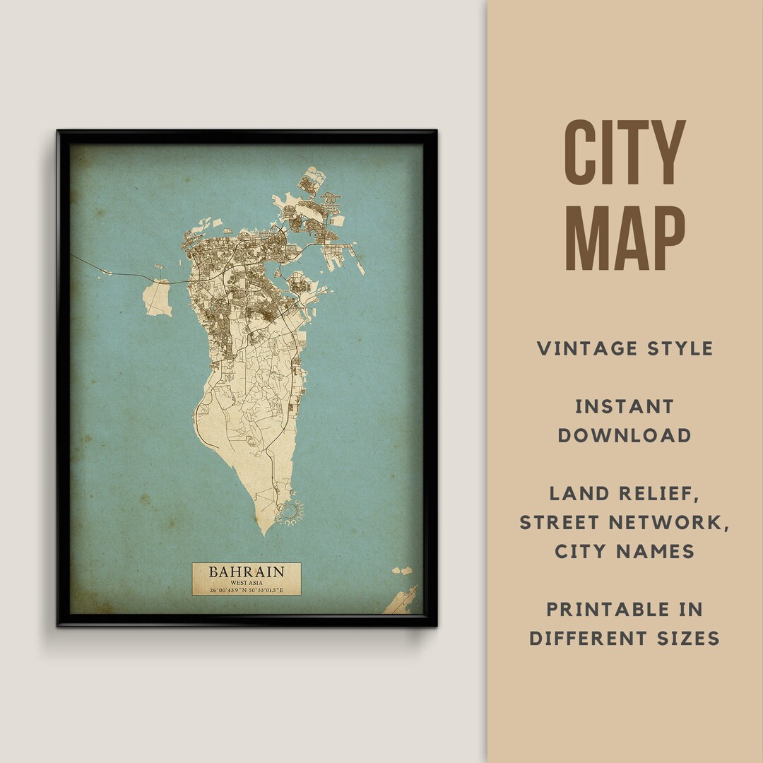 Vintage Style Map of Bahrain - Instant Download \ Country Map \ Travel ...