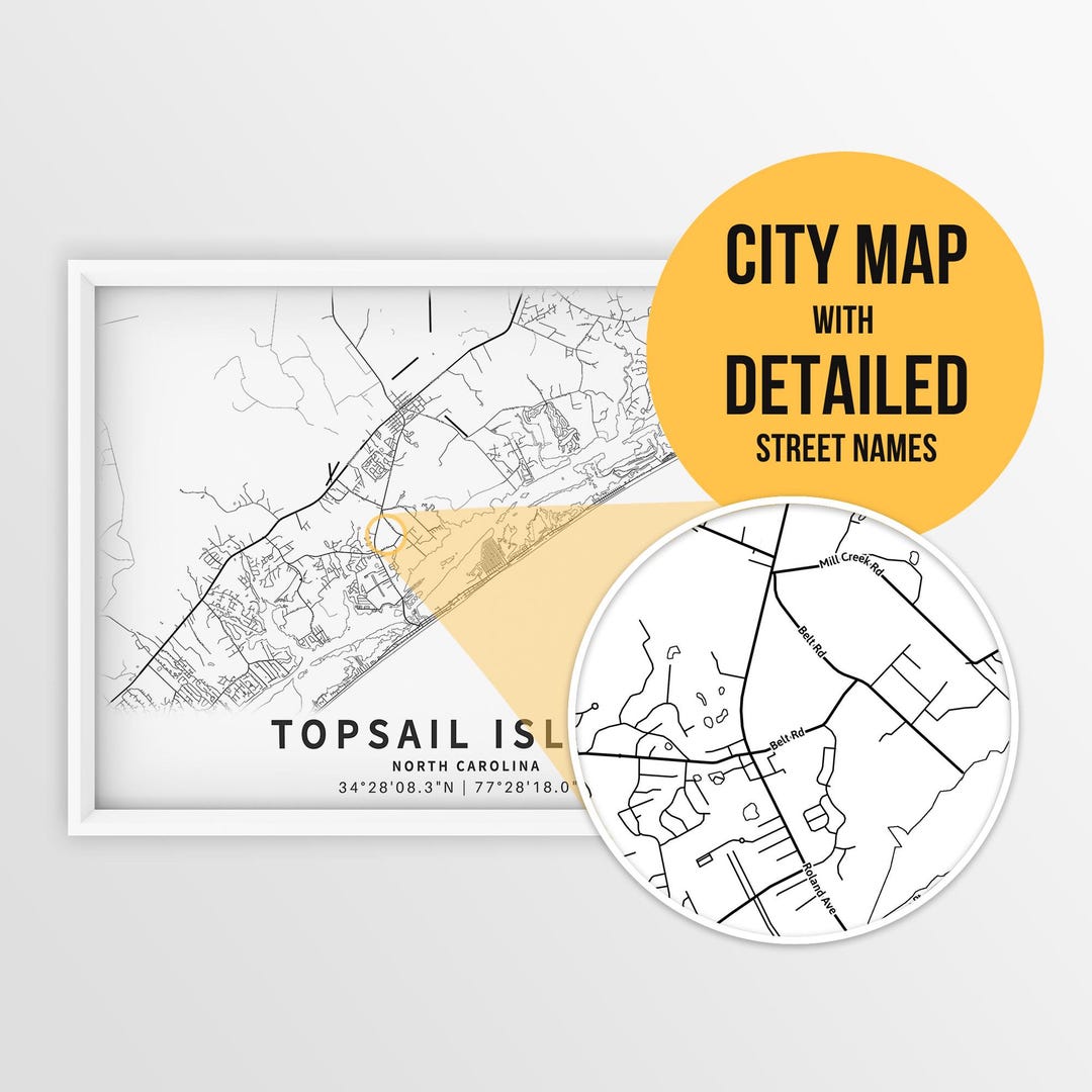 Printable Map of Topsail Island, North Carolina, USA With Street Names ...