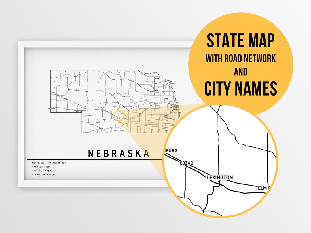 Printable Map of Nebraska United States With City and Roads - Etsy