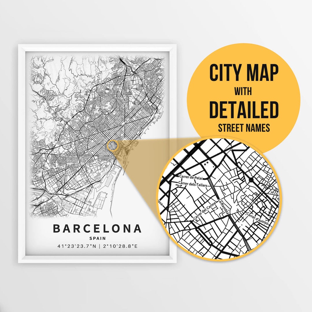 Printable Map of Barcelona, Spain With Street Names - Instant Download ...