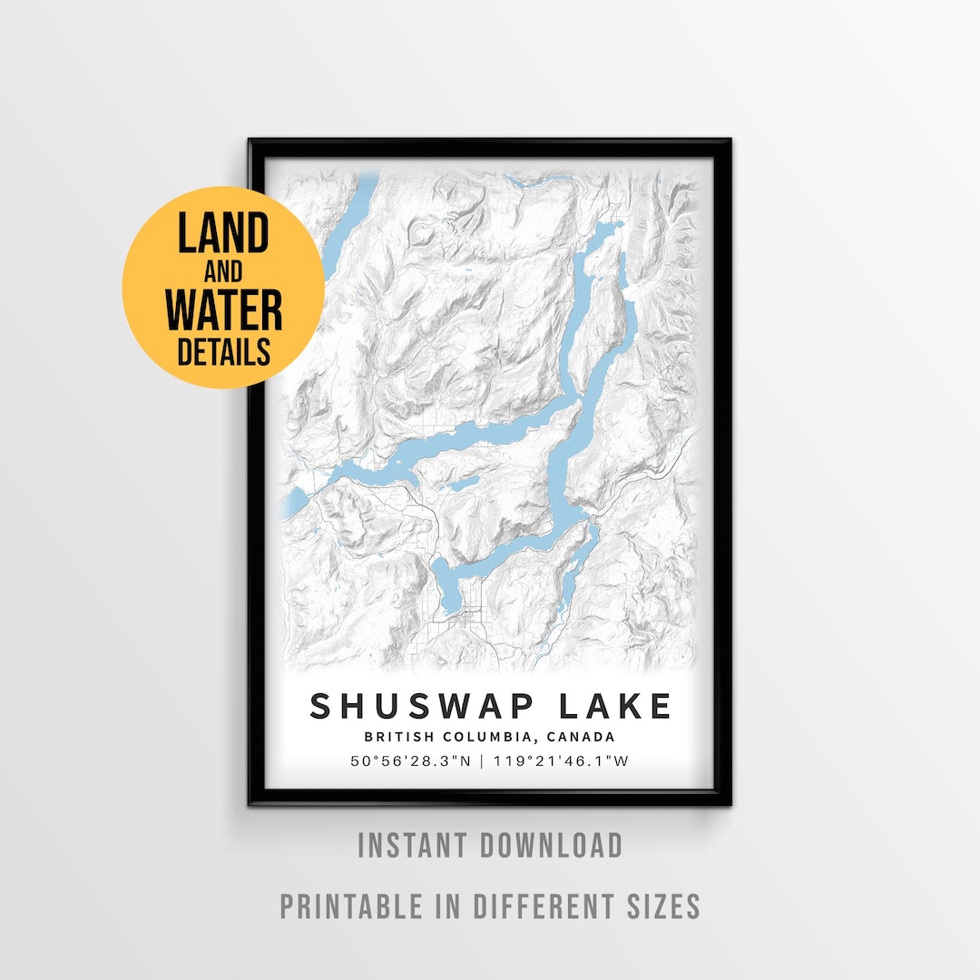 Shuswap Lake Map Poster, Printable British Columbia Lake House Art ...