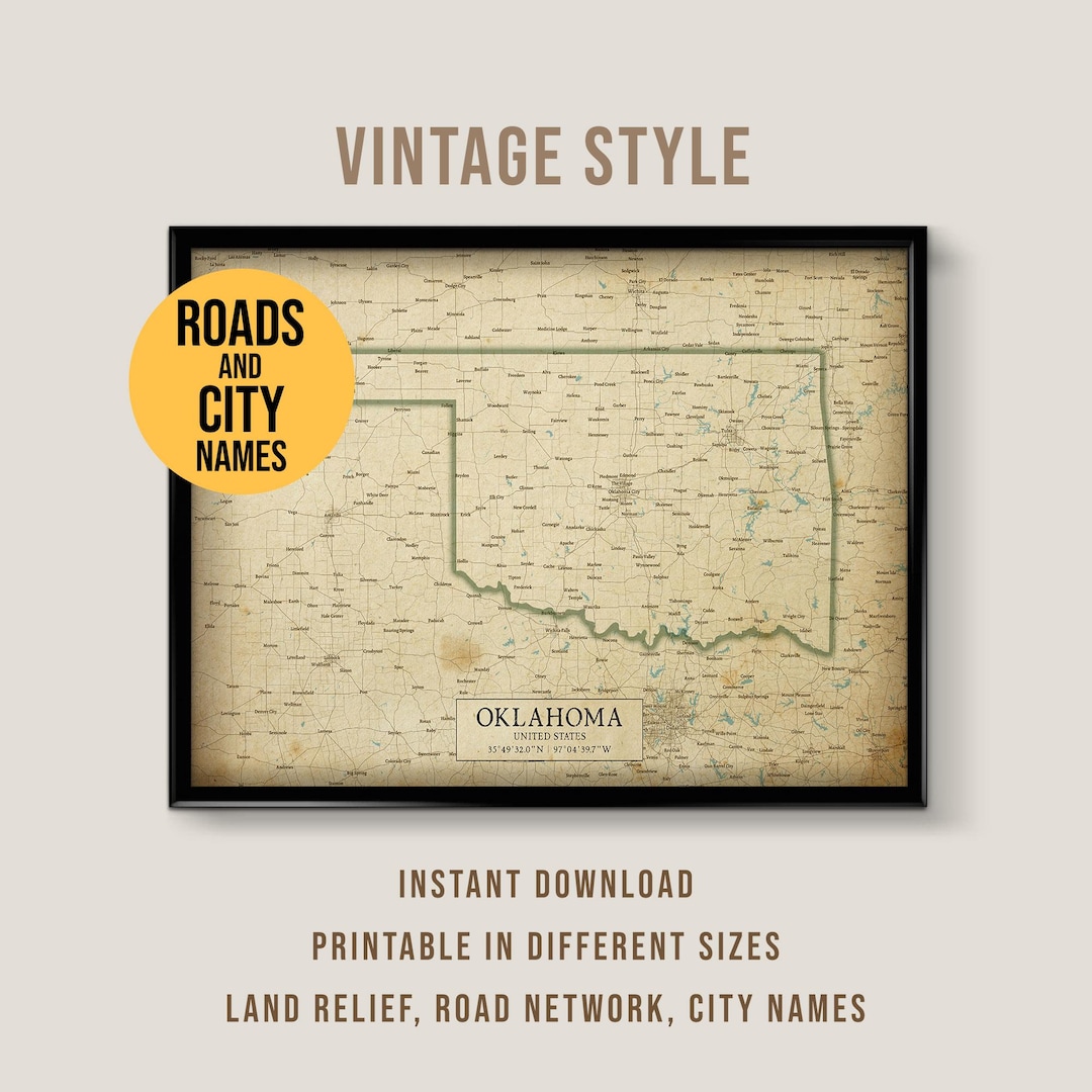 Oklahoma Vintage Style Map With Roads and City Names, Oklahoma ...