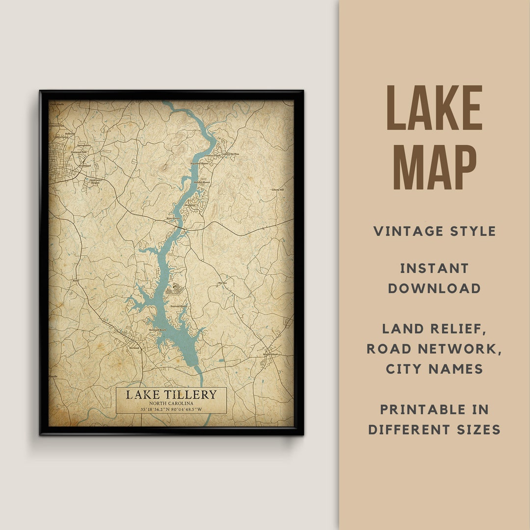 Vintage Style Map of Lake Tillery, North Carolina, USA With City Names ...