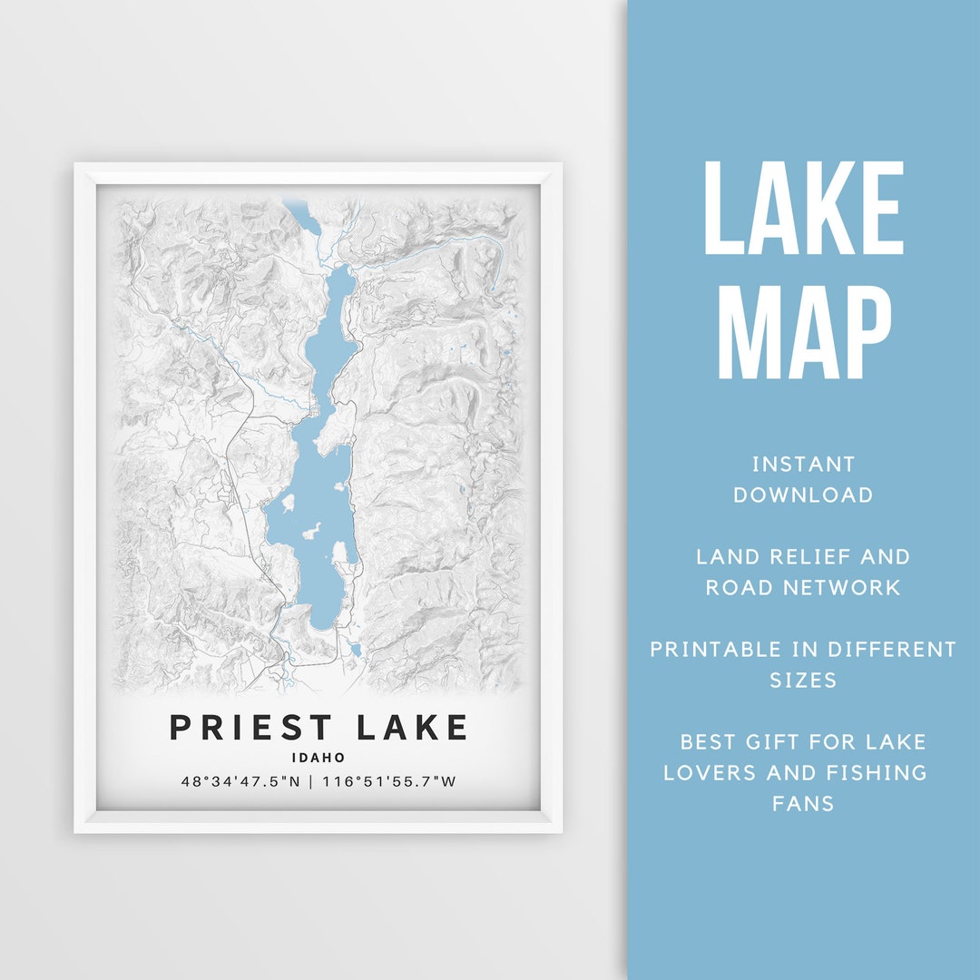 Printable Map of Priest Lake Idaho, US - Instant Download \ Lake Map ...
