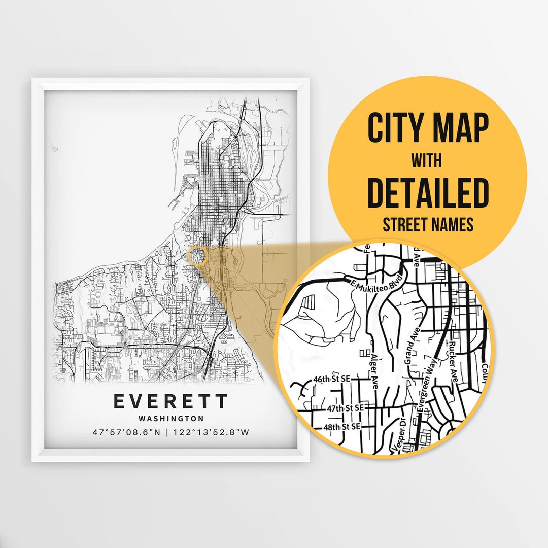 Printable Map of Everett, Washington, USA With Street Names - Instant Download \ City Map ...