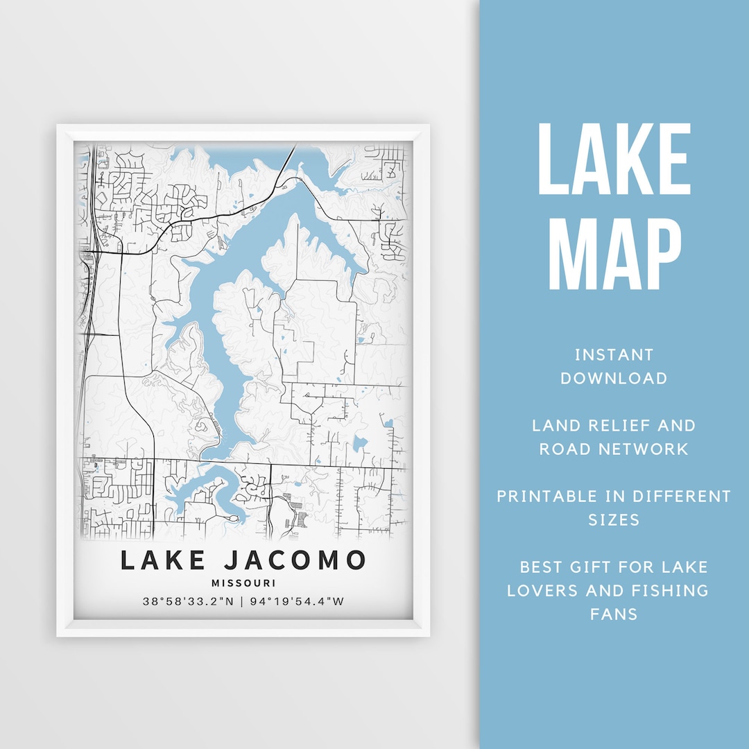 Printable Map of Lake Jacomo, Missouri, US - Instant Download \ Lake Map \ Map Poster \ Lake ...