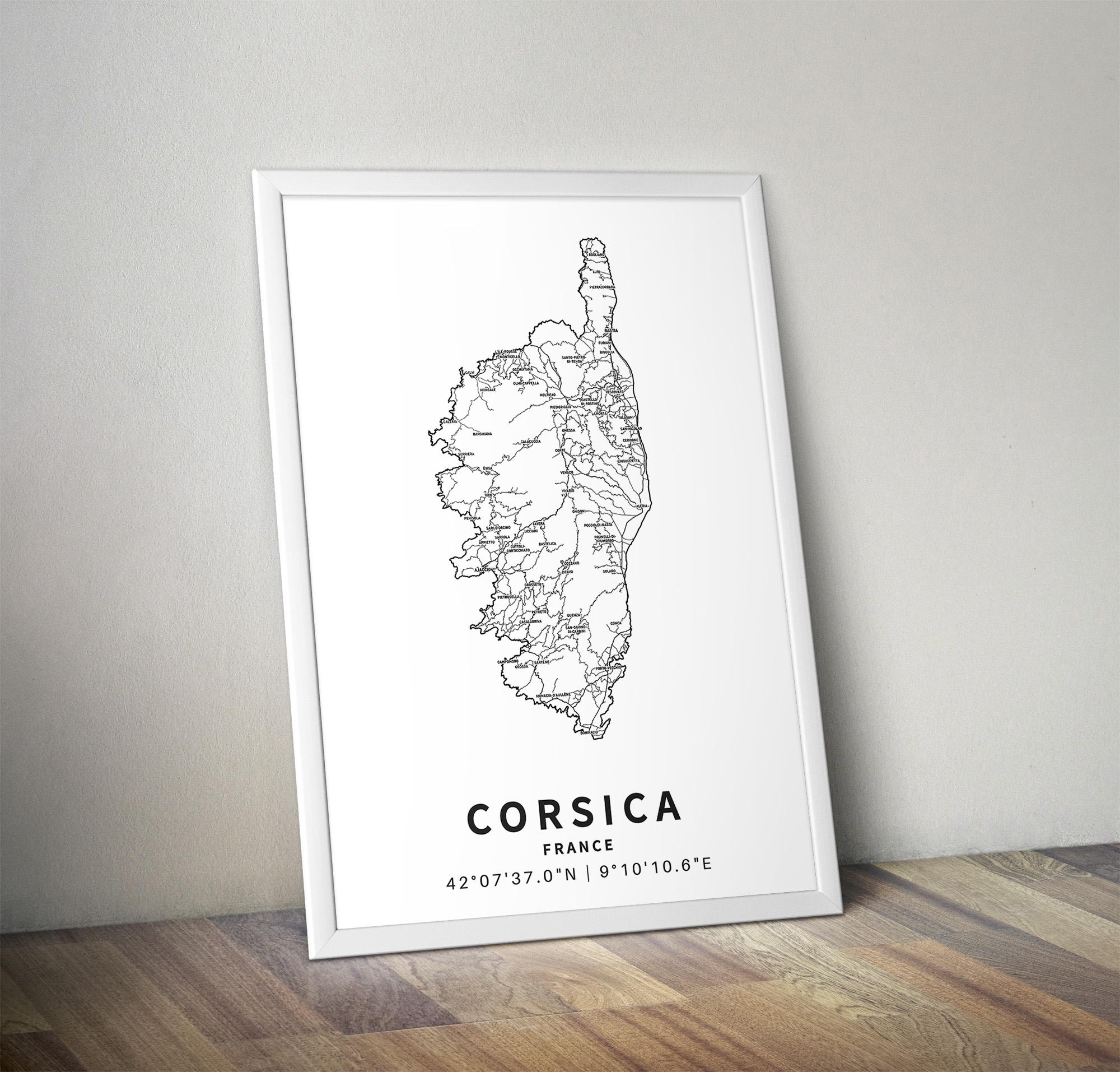 Mapa imprimible de Córcega con nombres de ciudades y carreteras ...