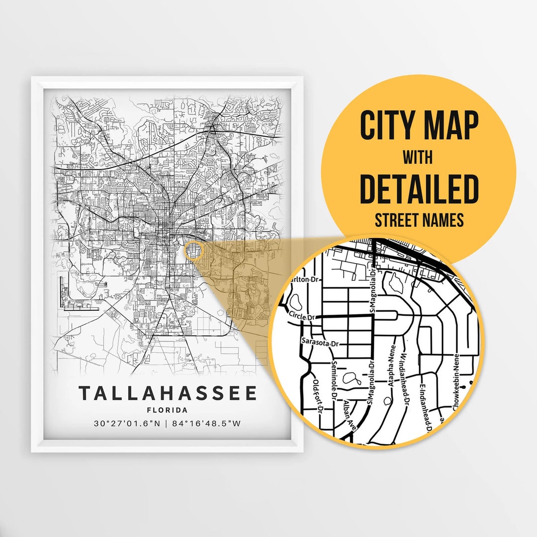 Printable Map of Tallahassee Florida USA With Street Names - Etsy