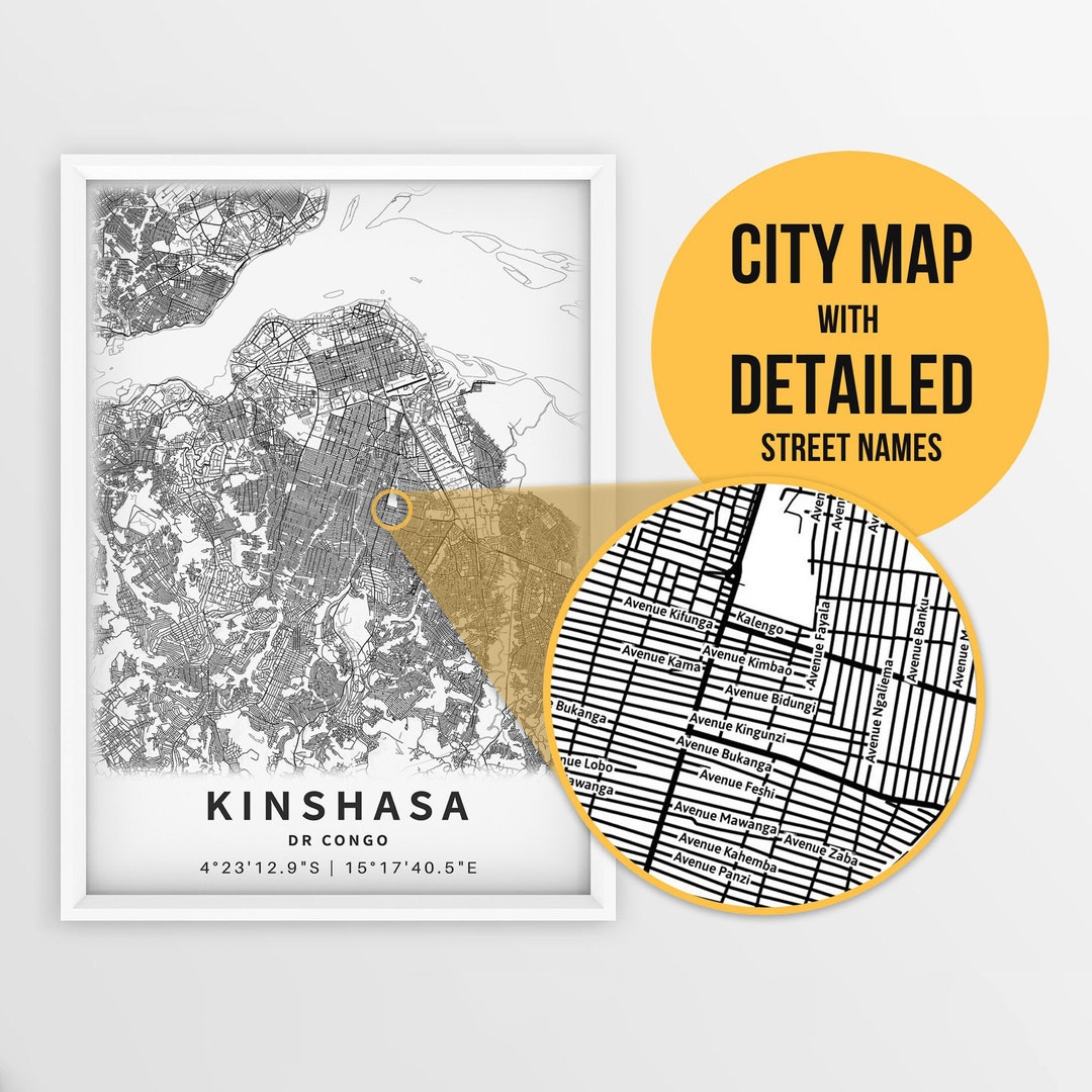 Printable Map of Kinshasa, Congo With Street Names - Instant Download ...