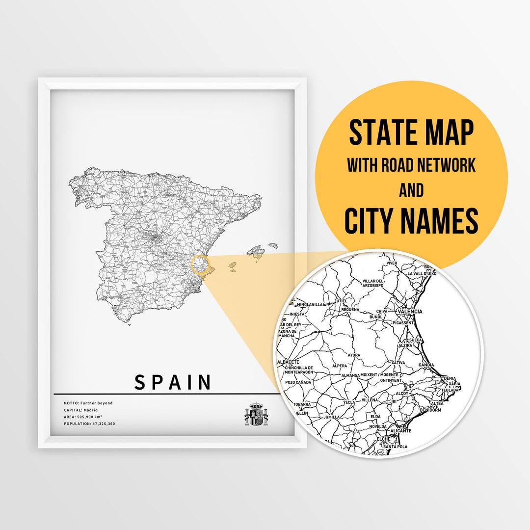 Printable Map of Spain With City Names and Roads Instant Download ...
