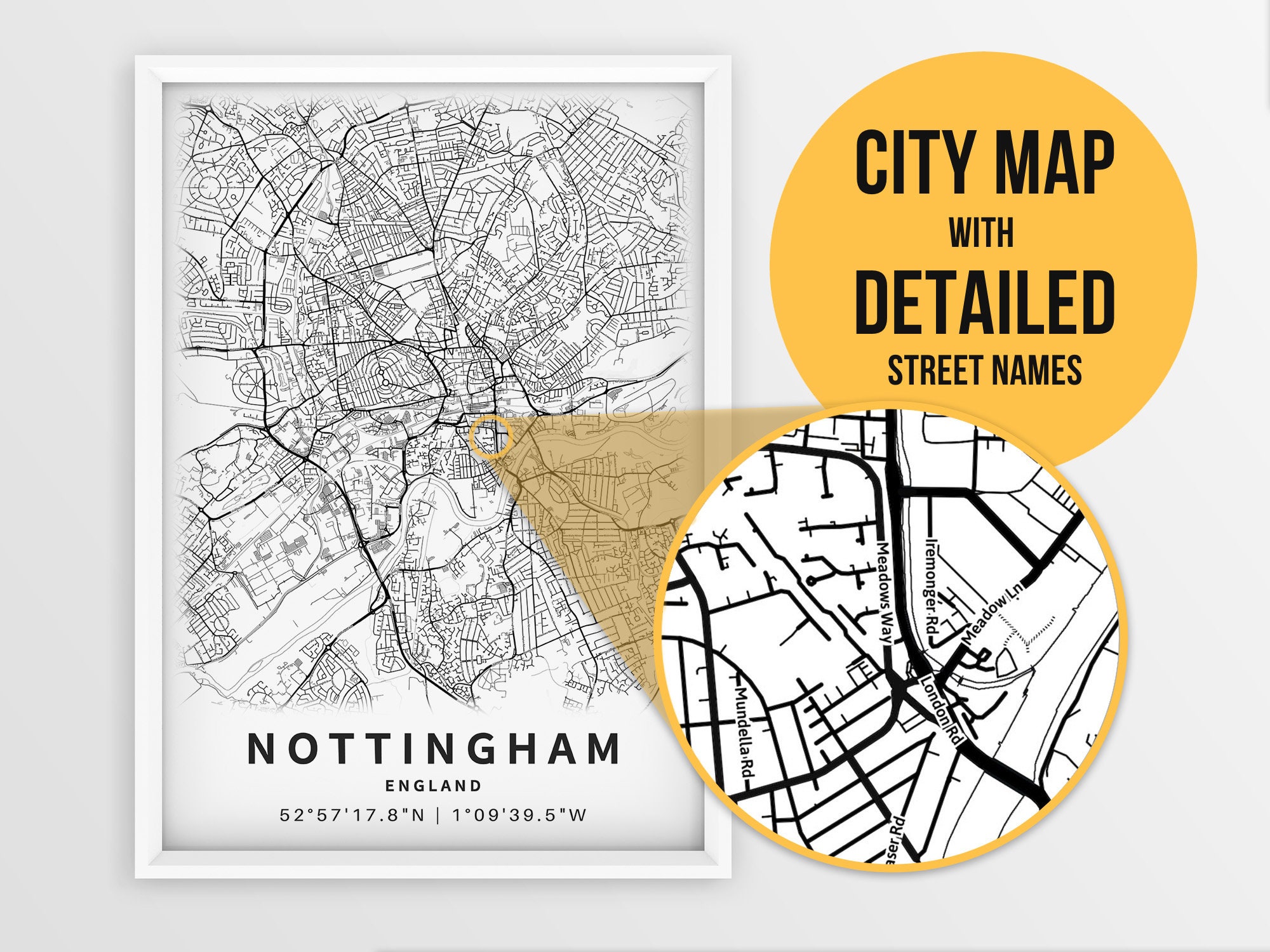 Printable Map of Nottingham England United Kingdom With - Etsy UK