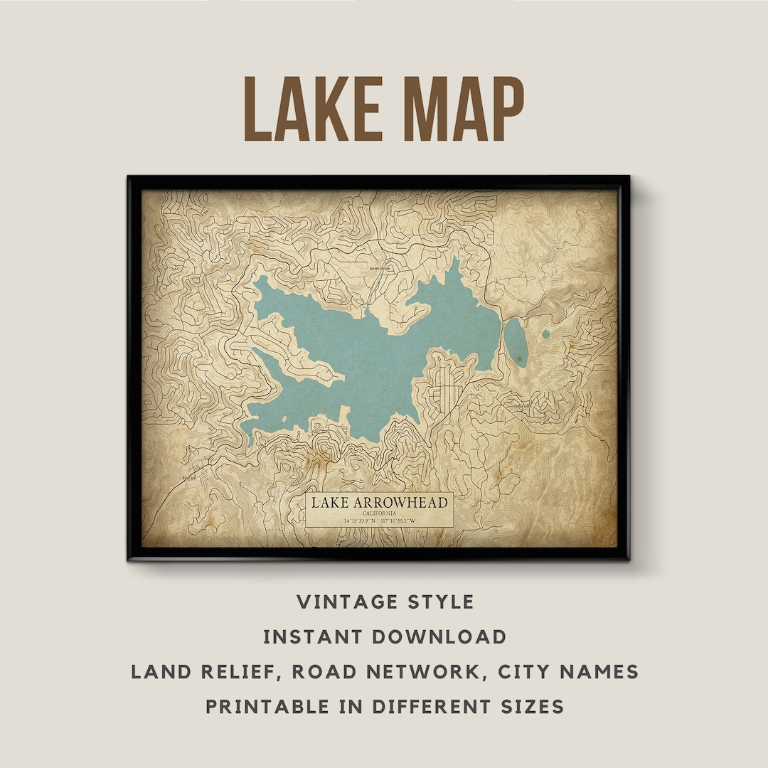 Vintage Style Map of Lake Arrowhead, California, USA With City Names ...