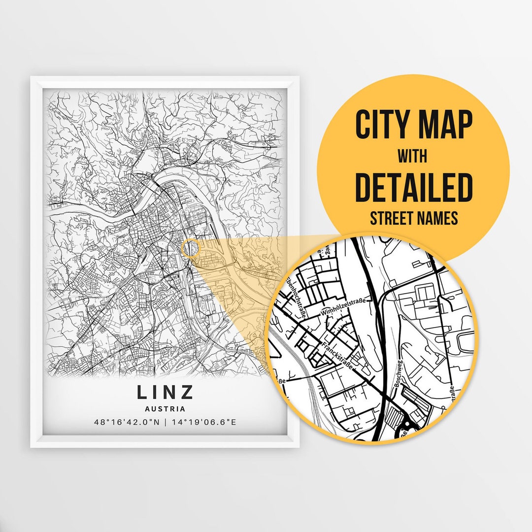 Printable Poster Map of Linz, Austria With Street Names - Instant ...