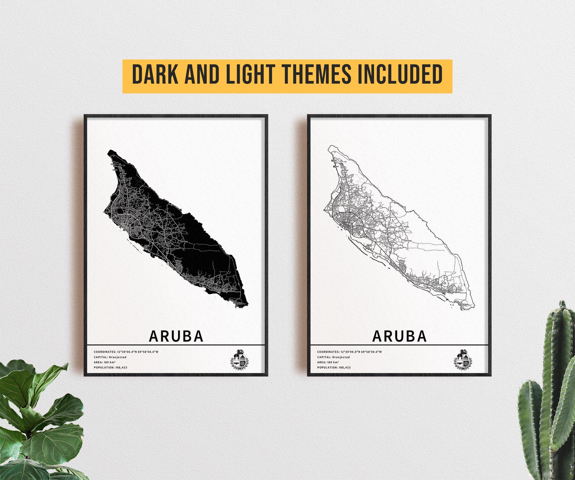 Aruba Map Poster, Printable Caribbean Road Map With City Names (instant ...