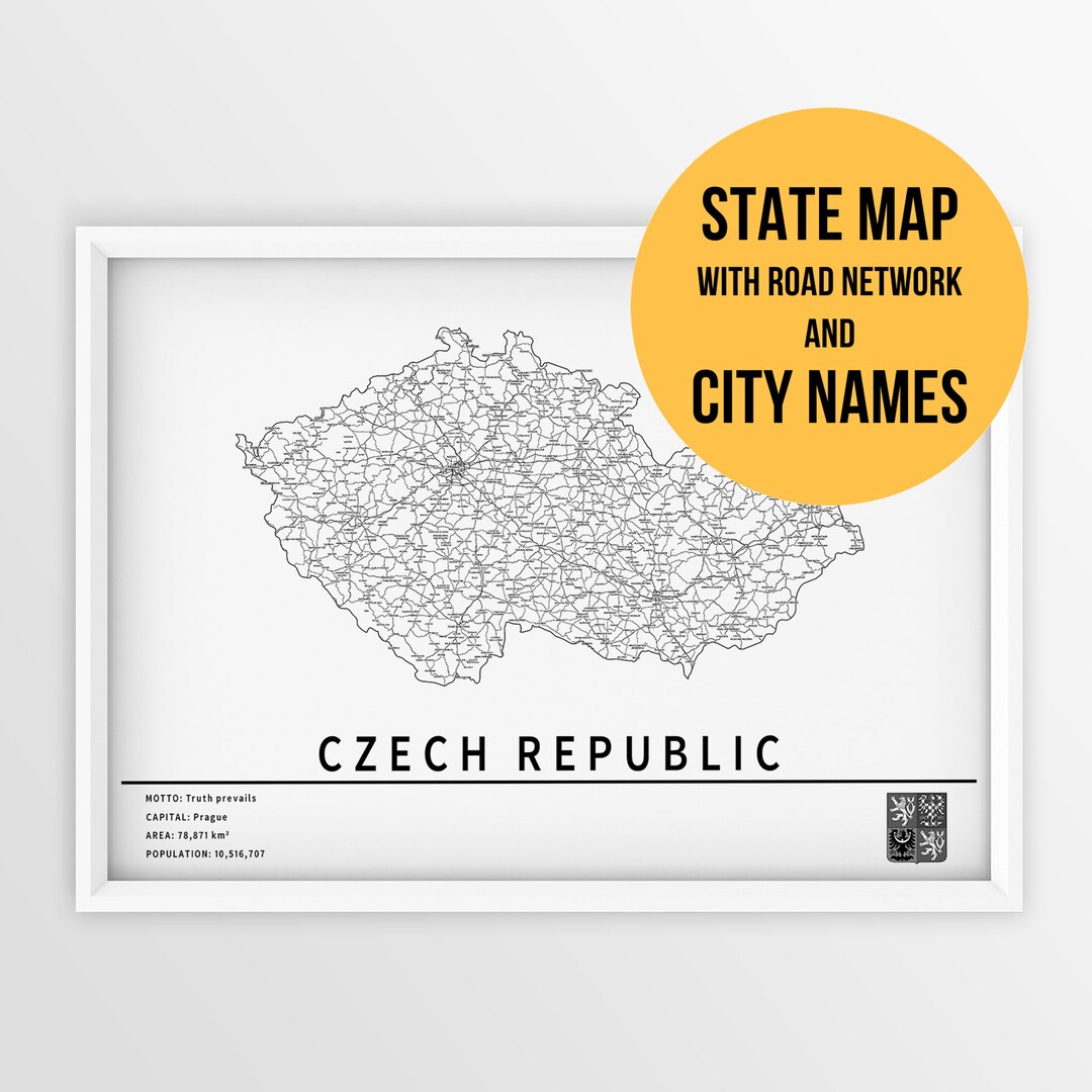 Printable Map of Czech Republic, Czechia With City Names and Roads ...