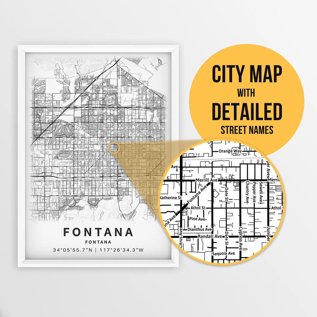 Printable Map of Fontana, California, USA With Street Names - Instant ...