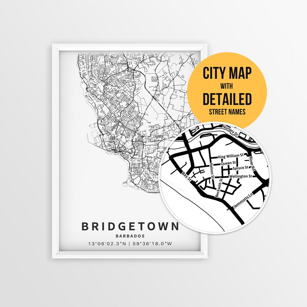 Bridgetown Map Poster, Printable Barbados Road Map With Street Names ...