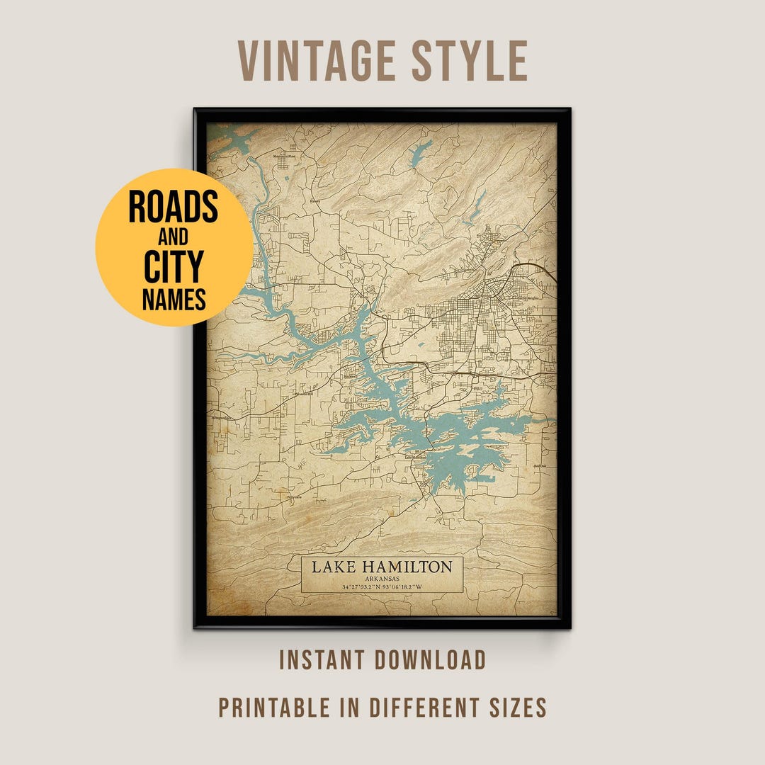 Lake Hamilton Vintage Style Map, Printable Arkansas Lake House Poster ...
