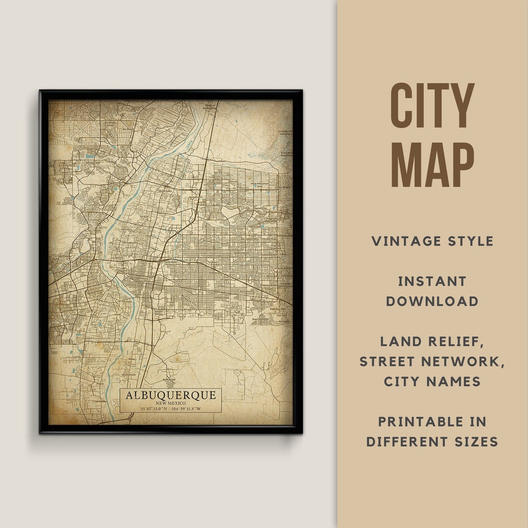 Printable Vintage Style Map Albuquerque, New Mexico, USA - Instant ...
