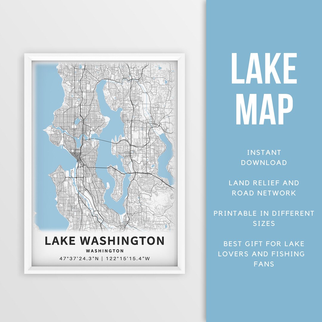 Printable Map of Lake Washington, Washington, Seattle, US - Instant ...