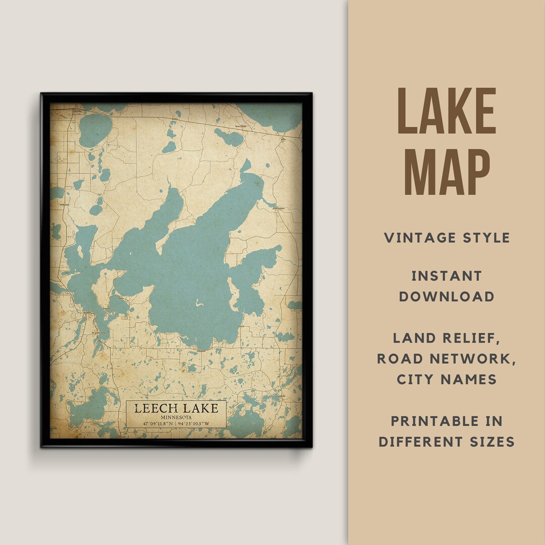 Printable Vintage Style Map of Leech Lake, Minnesota, USA With City ...