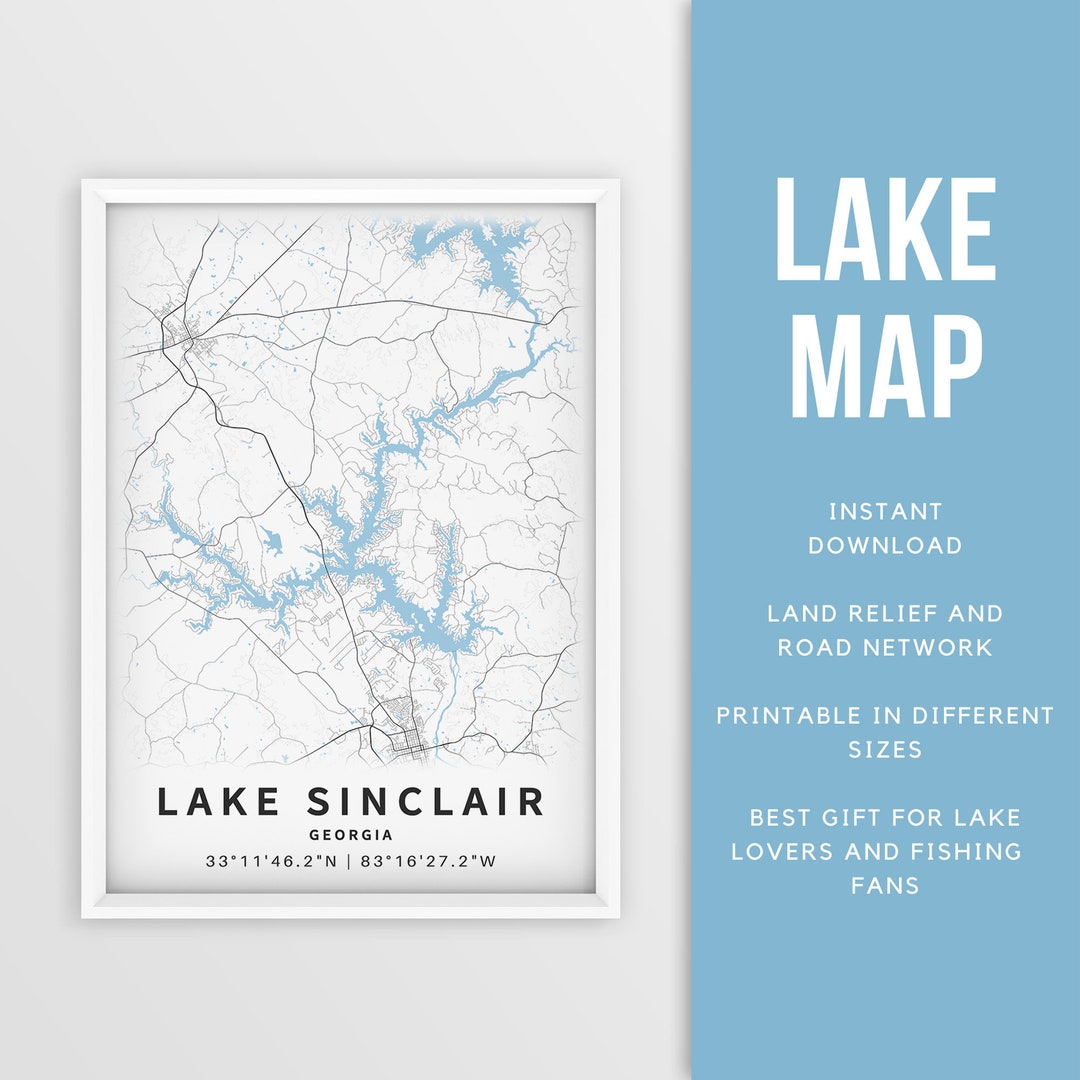 Printable Map of Lake Sinclair, Georgia, US - Instant Download \ Lake ...