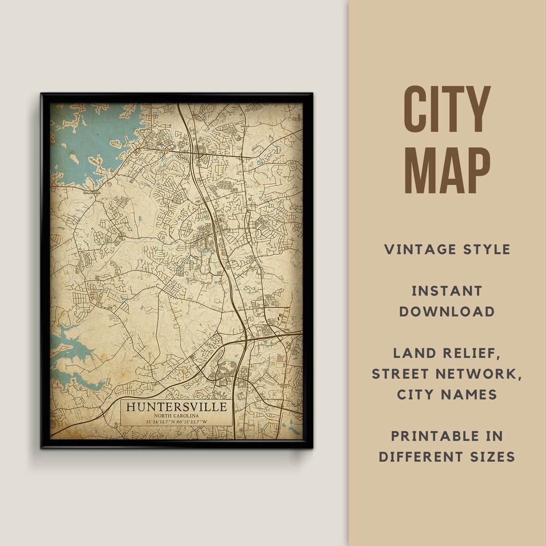 Vintage Style Map of Huntersville, North Carolina, USA - Instant ...