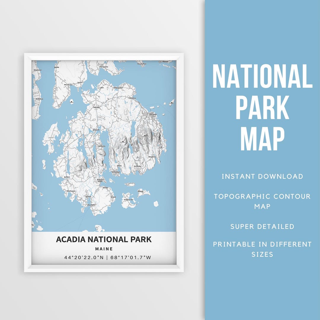 Acadia National Park Printable Map, Acadia Maine Topography Poster ...
