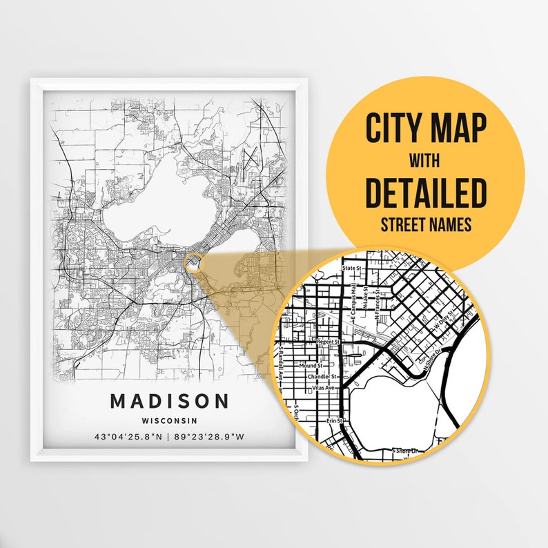 Printable Map of Madison, Wisconsin, USA With Street Names - Instant ...
