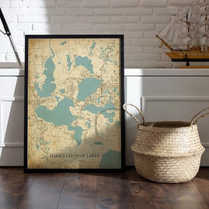 Vintage Style Map of Harris Chain of Lakes, Florida, USA With City ...