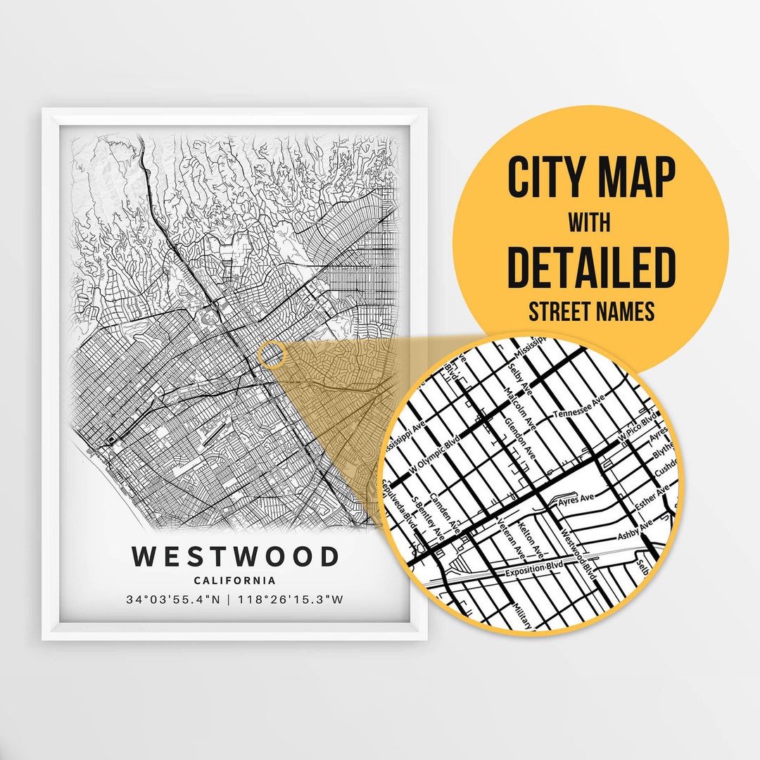 Printable Map of Westwood, Los Angeles, USA With Street Names - Instant ...