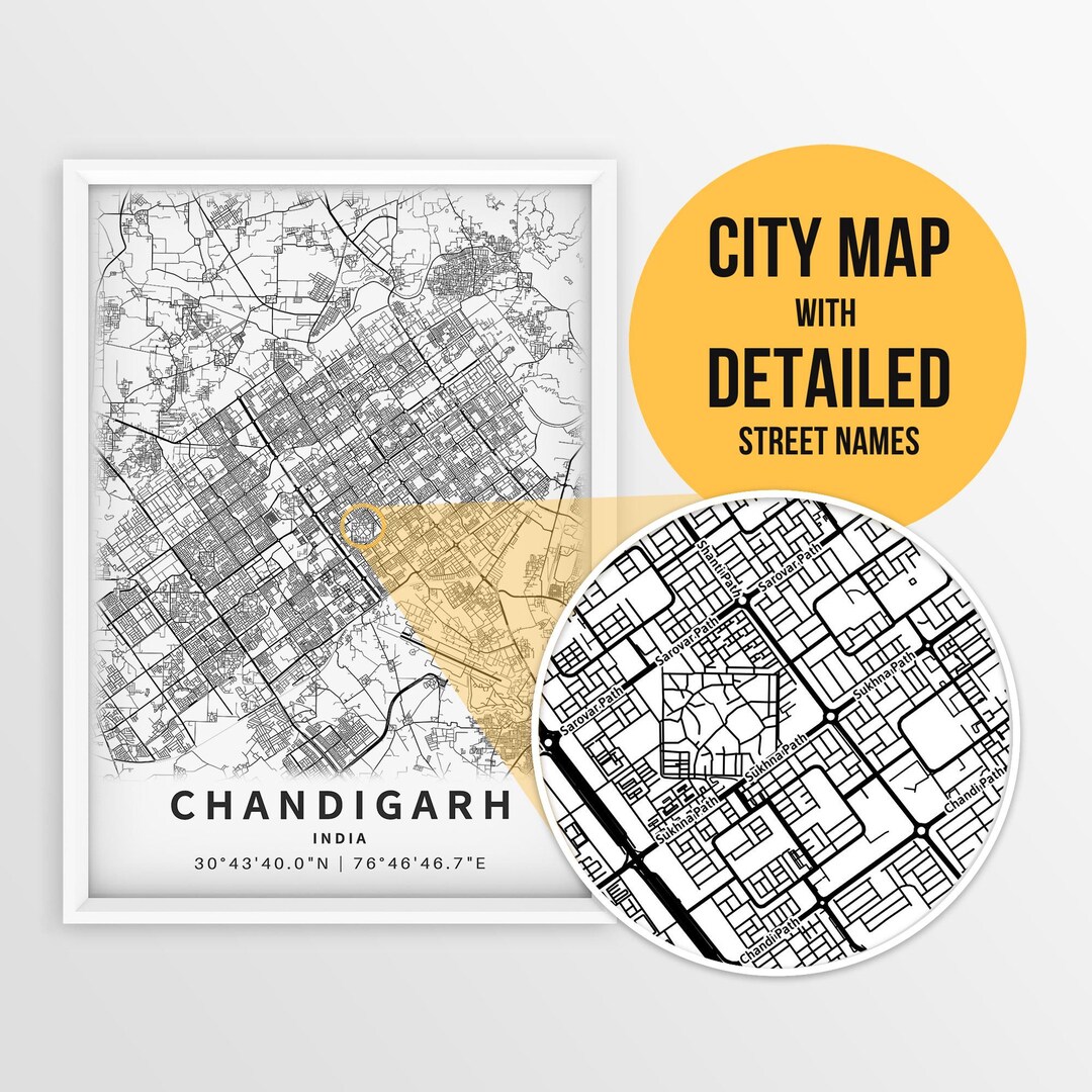Printable Map of Chandigarh, Punjab Haryana, India With Street Names ...