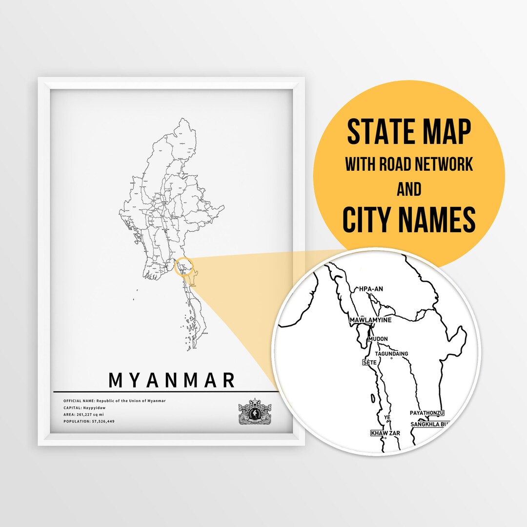 Printable Map of Myanmar (burma) With City Names and Roads - Instant ...