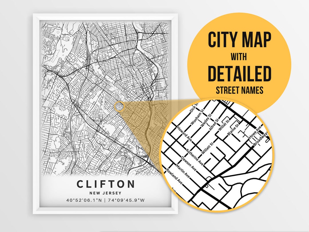 Printable Map of Clifton New Jersey USA With Street Names - Etsy