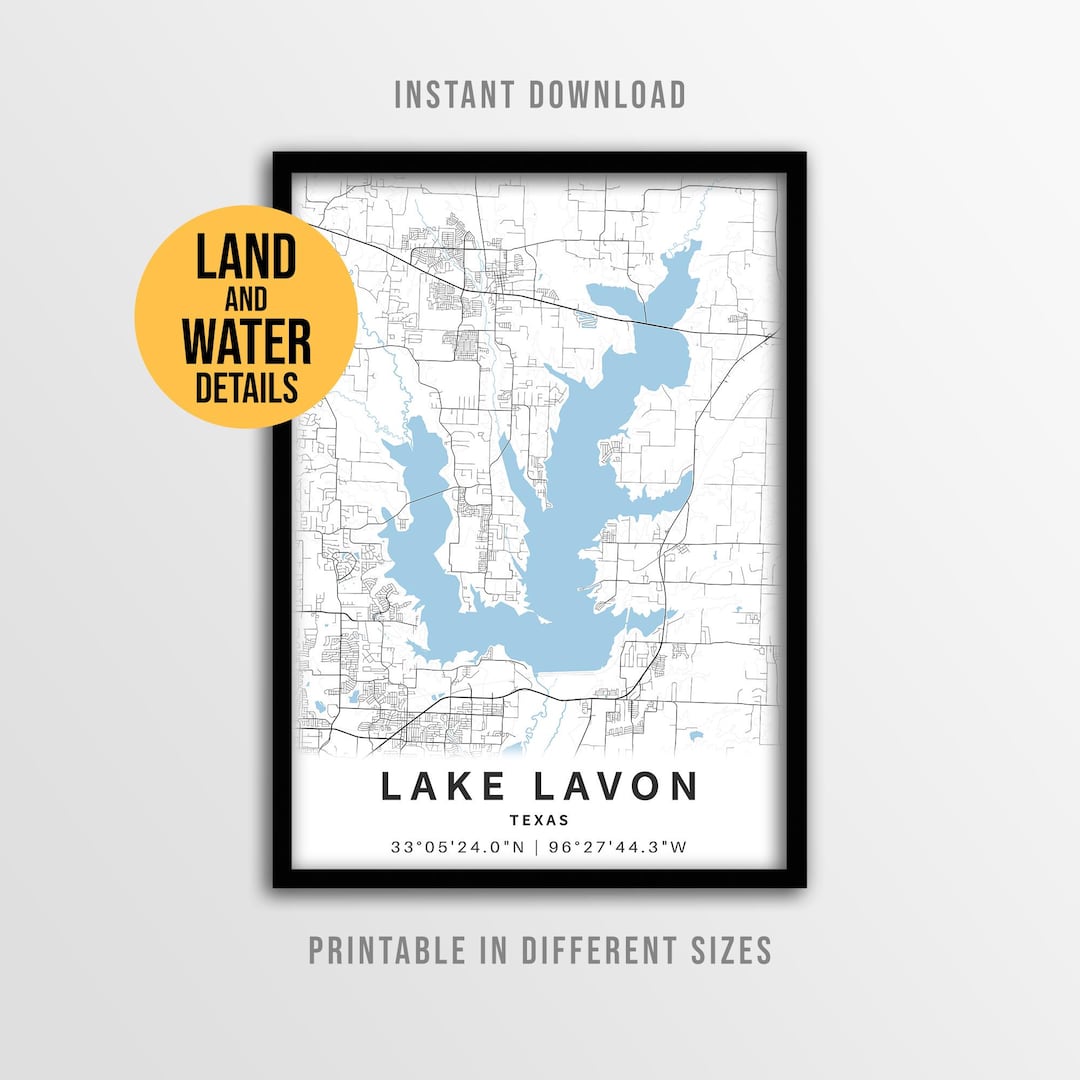 Lake Lavon Map Poster, Texas Trinity River Printable Lake House Decor ...