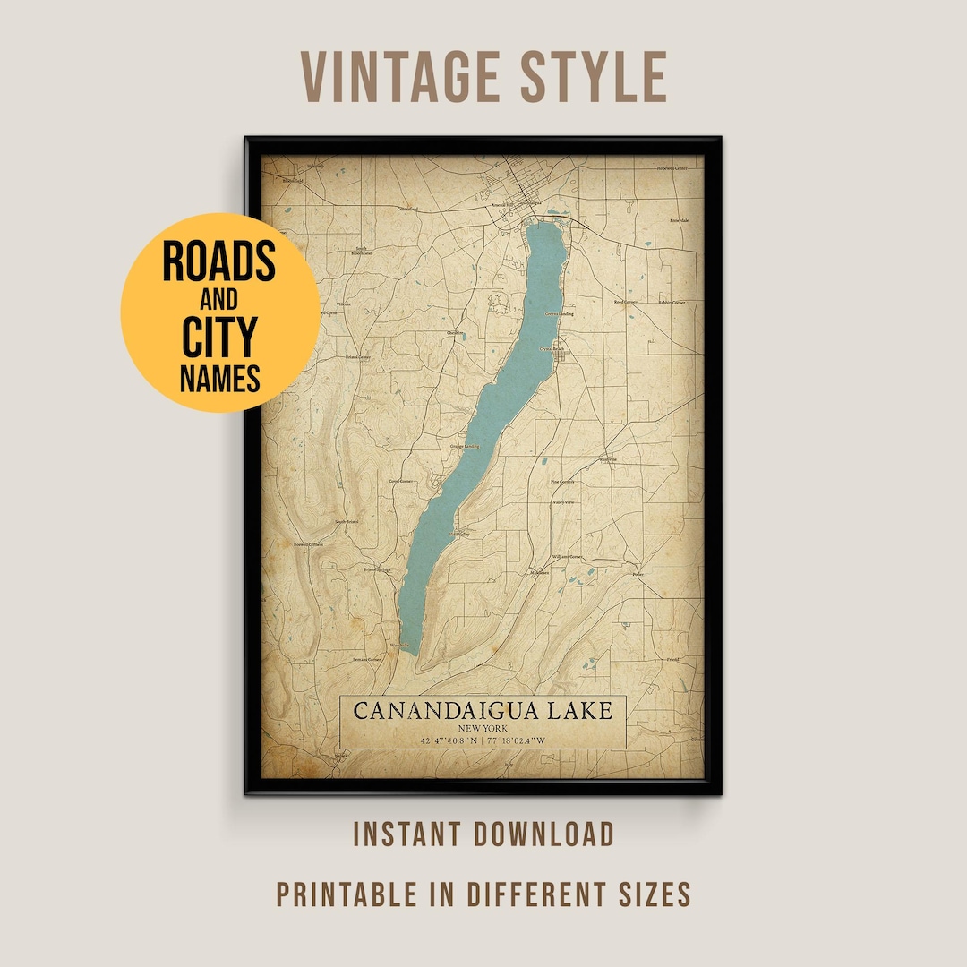 Canandaigua Lake Vintage Style Map, Printable New York Lake House ...