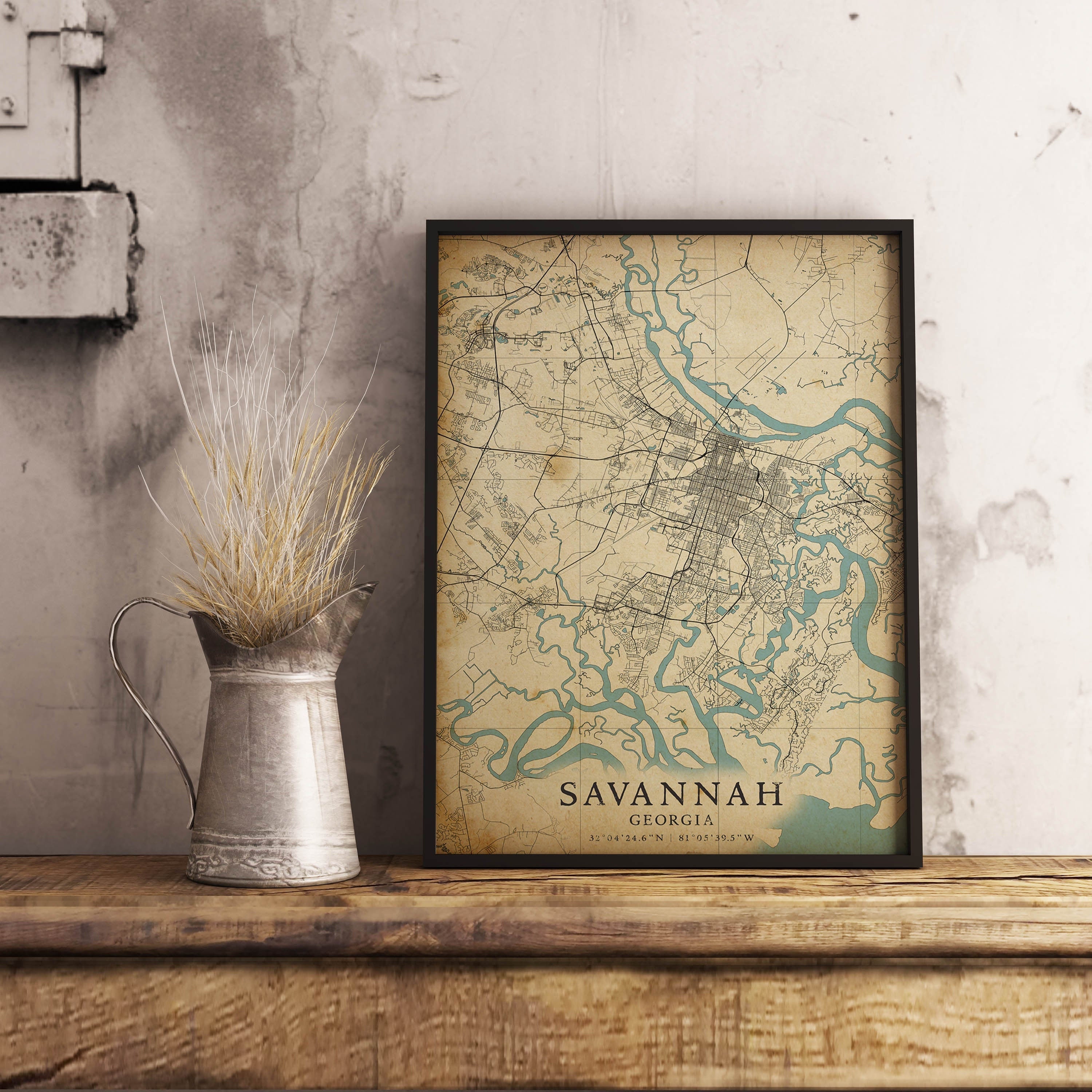 Vintage Style Map of Savannah GA rustic Georgia USA map | Etsy