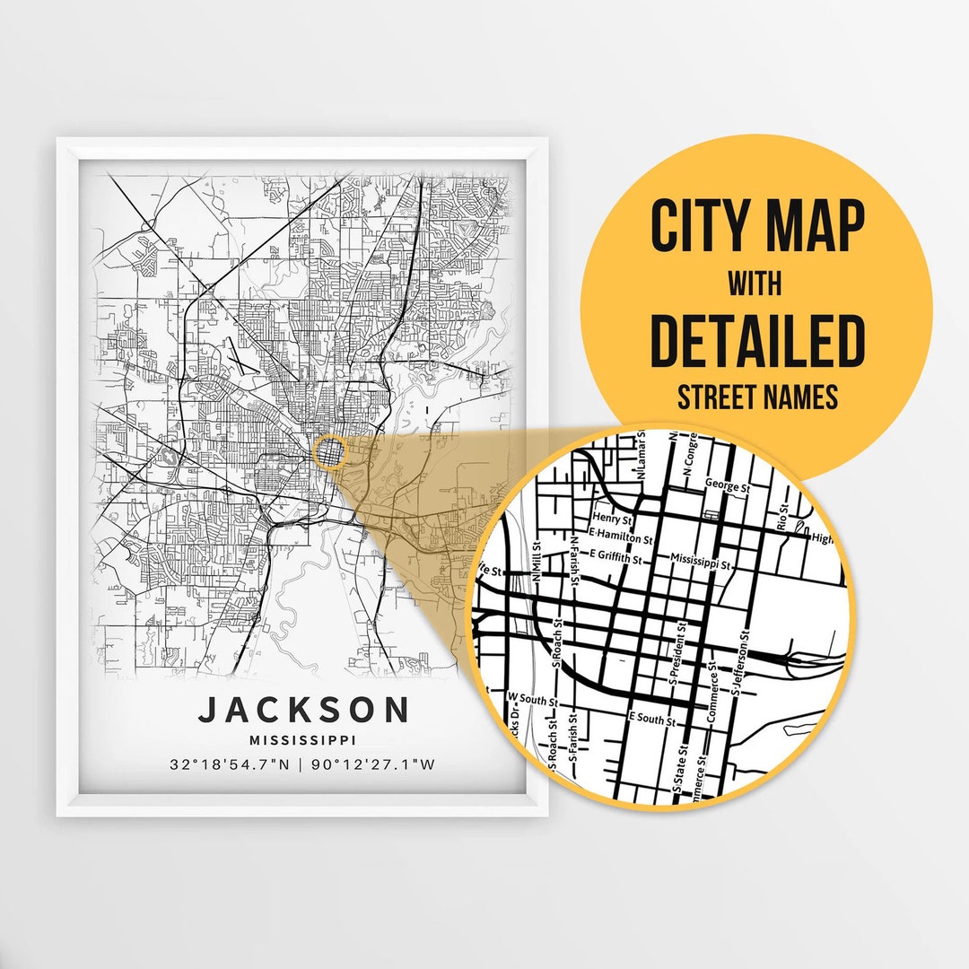 Printable Map Jackson, Mississippi USA With Street Names - Instant ...