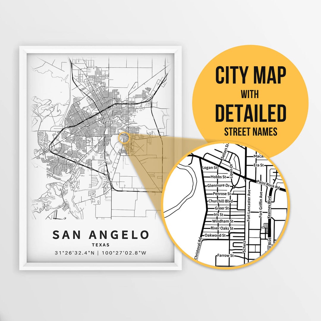 Printable Map of San Angelo, Texas, USA With Street Names - Instant ...