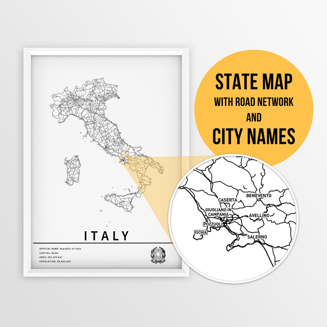 Printable Map of Italy With City Names and Roads Instant Download ...