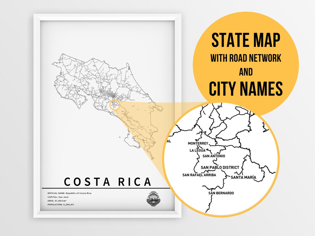 Printable Map of Costa Rica With City Names Instant Download - Etsy