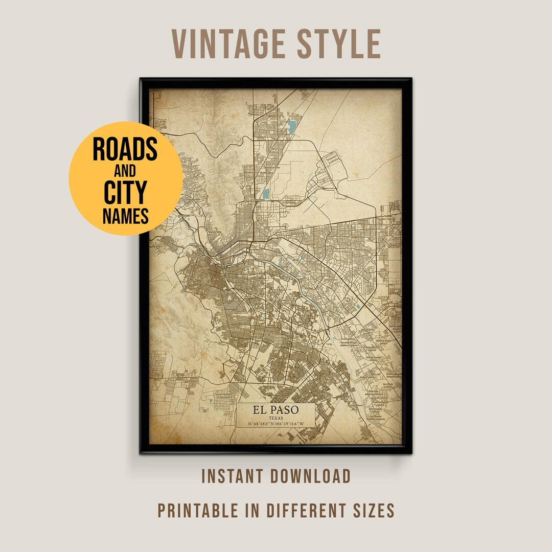 El Paso, Texas Vintage Style Map, Printable City Map Poster (instant ...