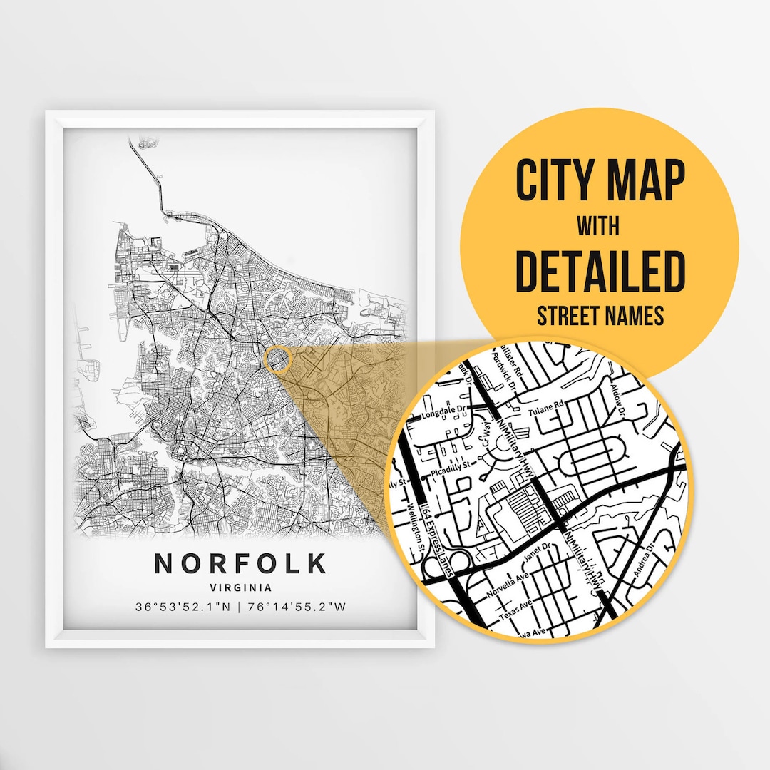 Printable Map of Norfolk, Virginia, USA With Street Names - Instant ...