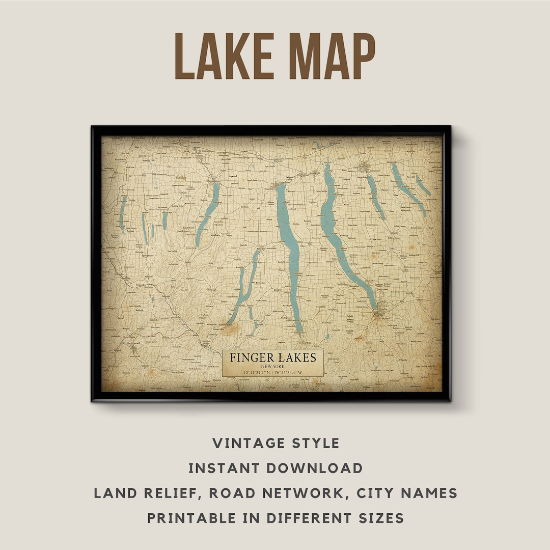 Vintage Style Map of Finger Lakes, New York, USA With City Names ...