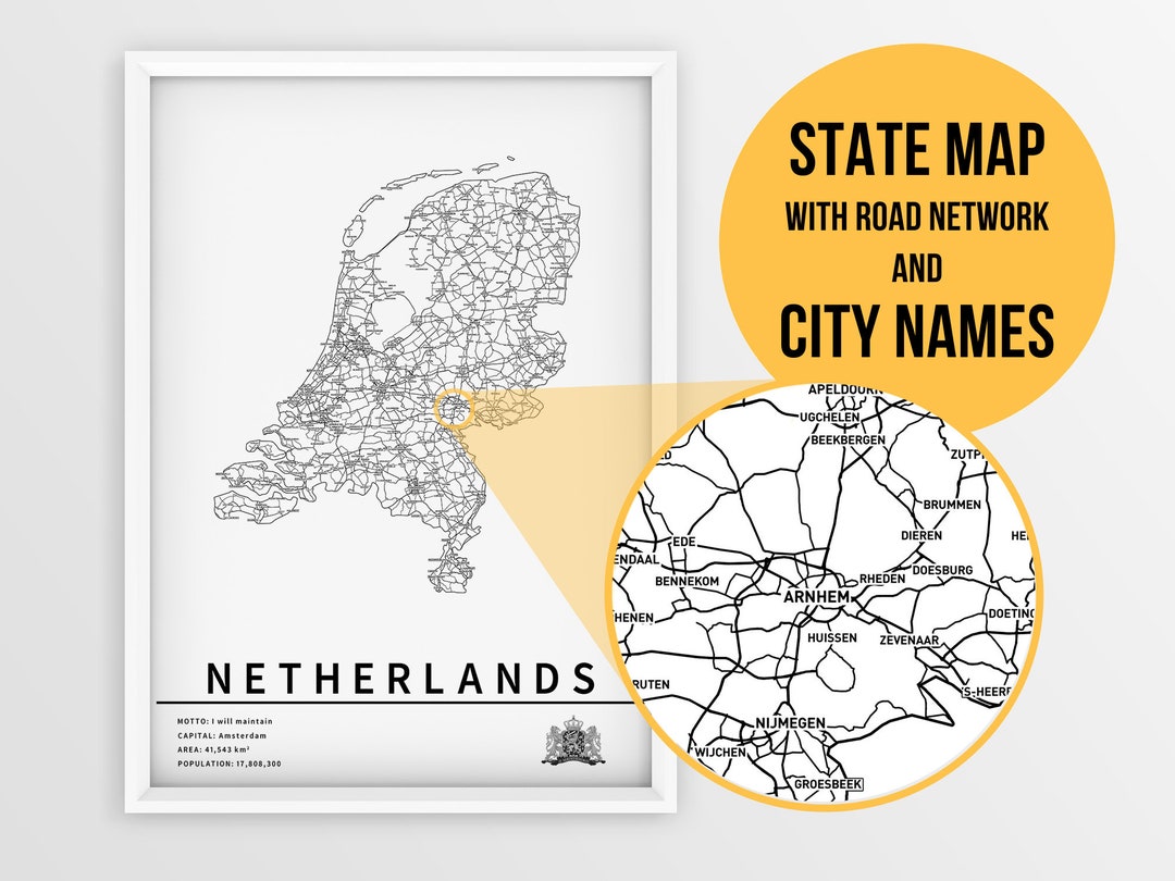 Printable Map of Netherlands With City Names Instant Download Country ...