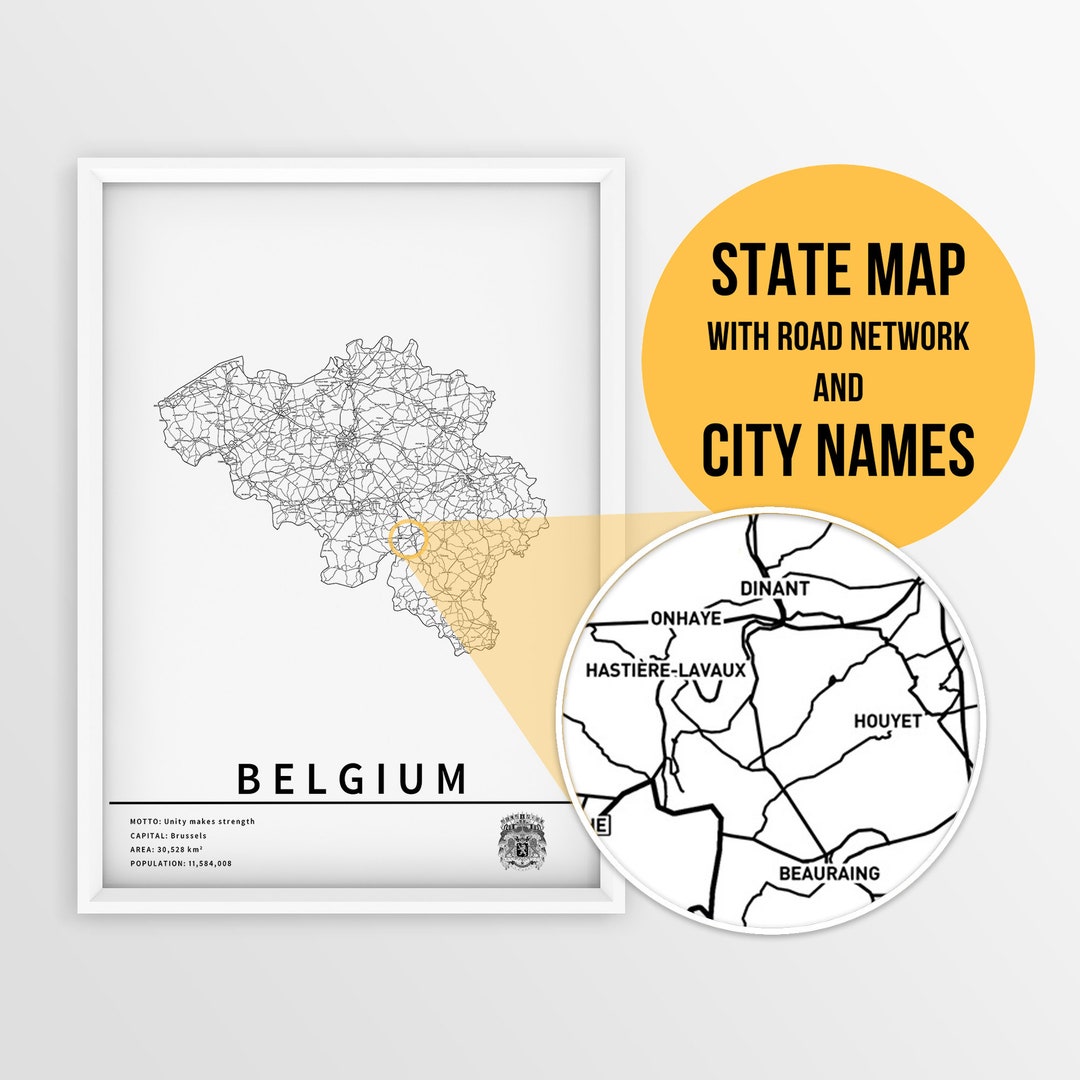 Printable Map of Belgium, With City Names and Roads - Instant Download ...