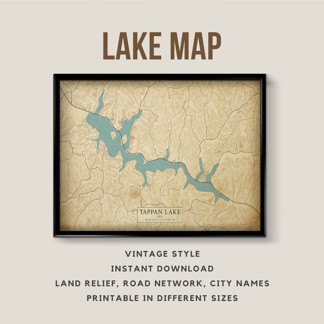 Vintage Style Map of Tappan Lake, Ohio, USA With City Names Instant ...
